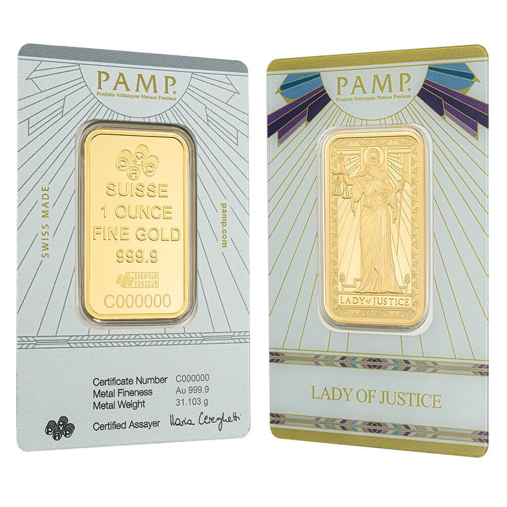 1 oz PAMP Suisse Lady of Justice Gold Bar .9999 Fine (in Assay ...