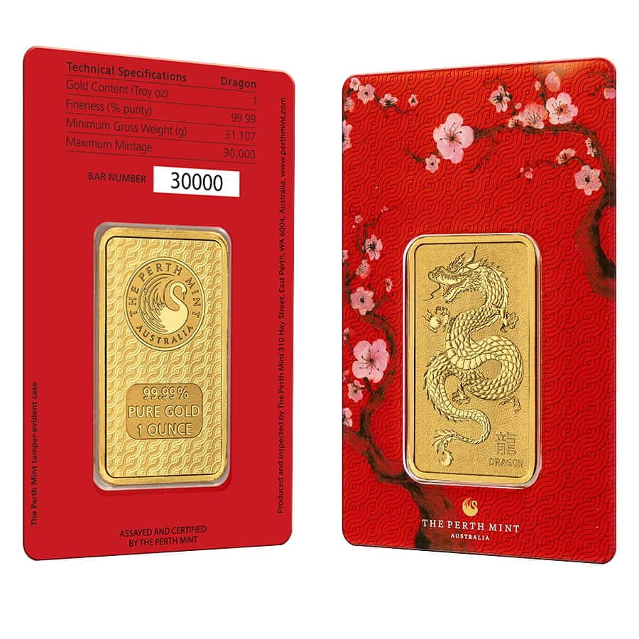 Perth Mint 1 oz Year of the Dragon Gold Bar .9999 Fine (in Assay ...