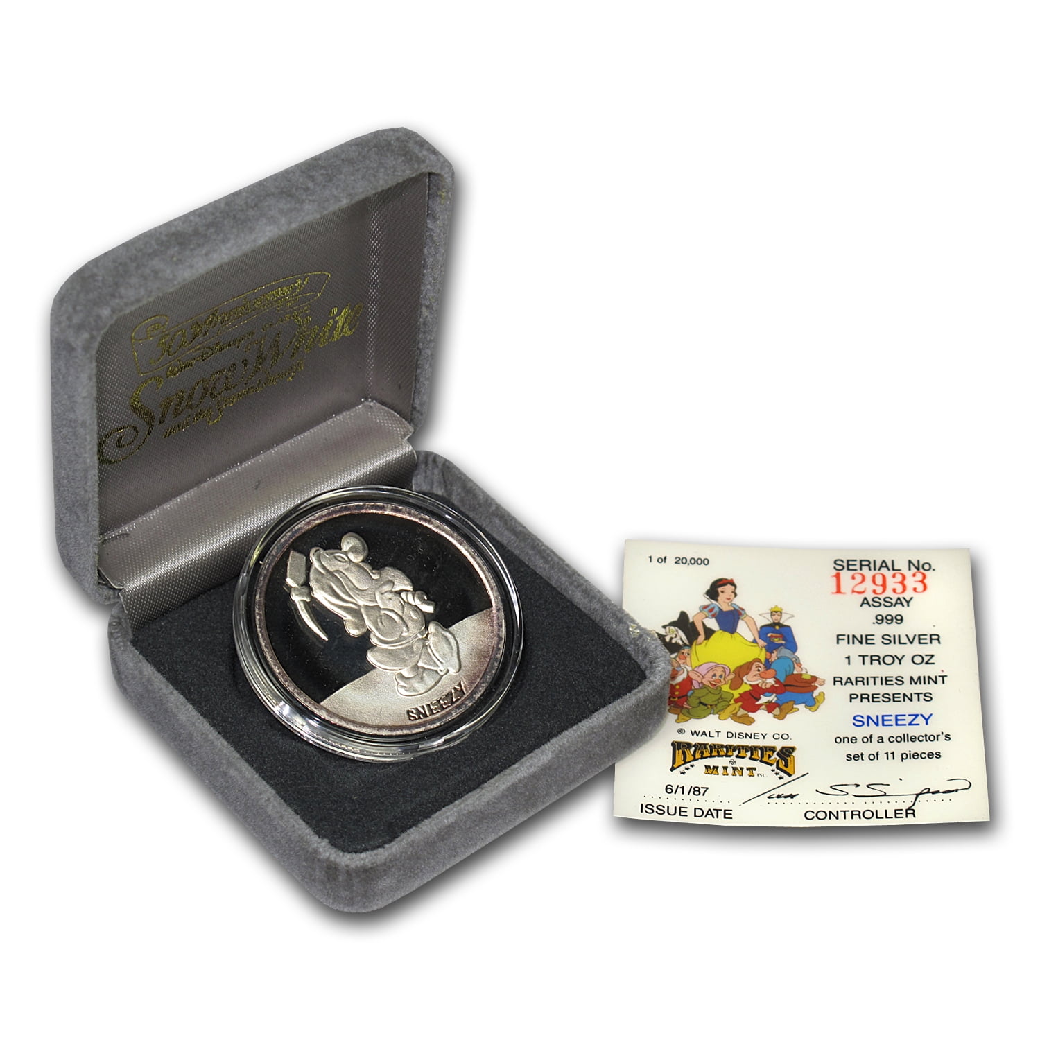 1 oz Silver - Disney's Snow White 50th Anniv Sneezy, w/Box & COA ...