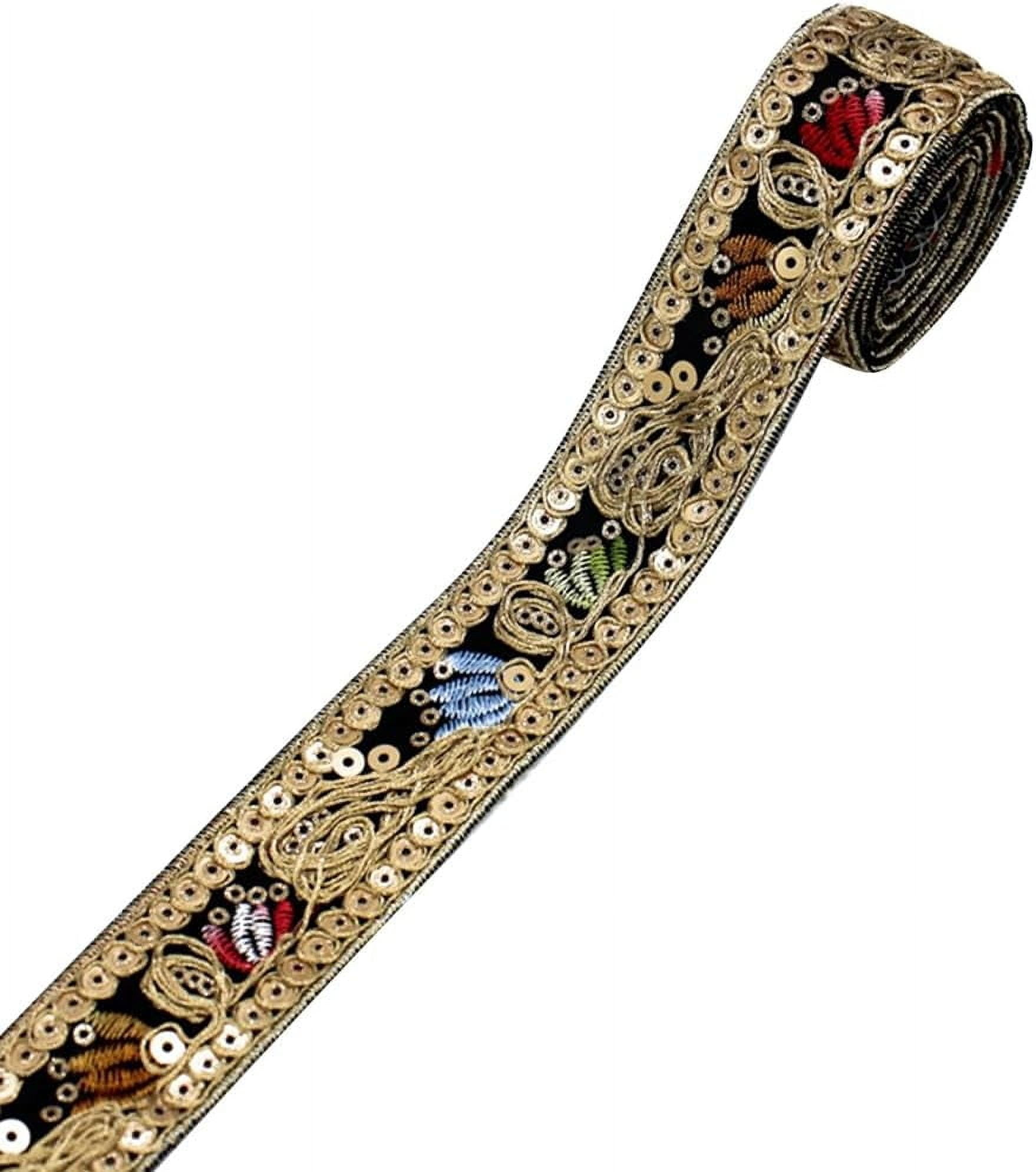 1 pc 10 Yards Black Gold Embroidered Ribbon Boho Sequin Beaded Lace ...