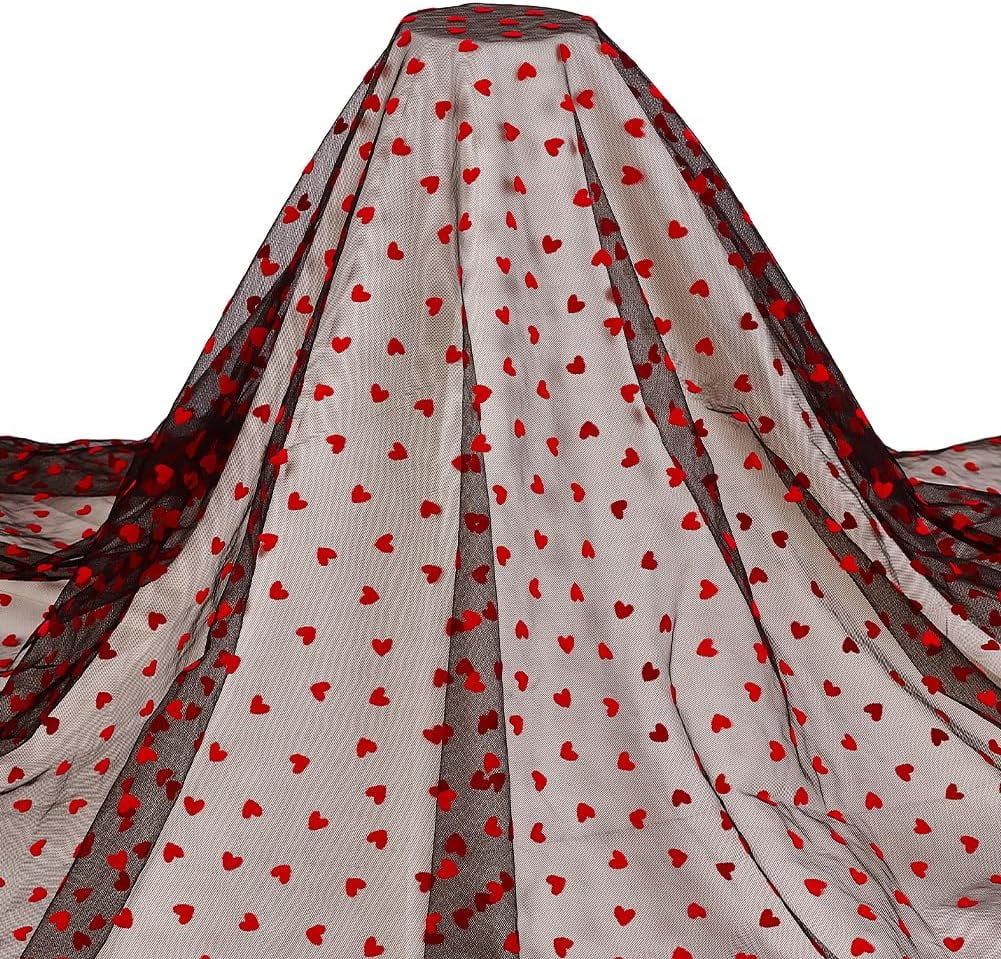 1 pc 2 Yards×63inch Red Flocking Heart Black Lace Mesh Fabric ...