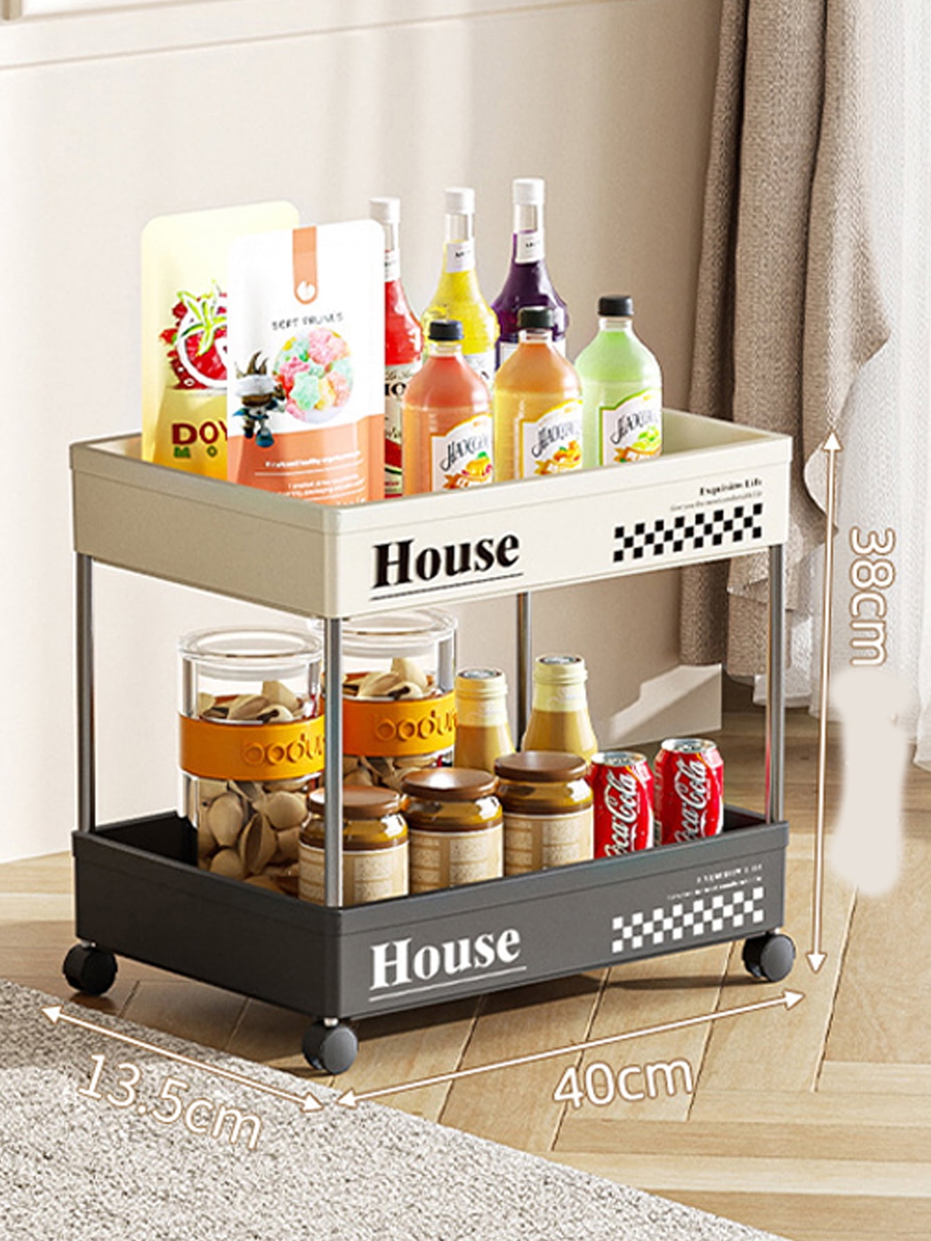 1 pc 2-tier Rolling Floor Storage Rack with Spacing Shelves Multi ...