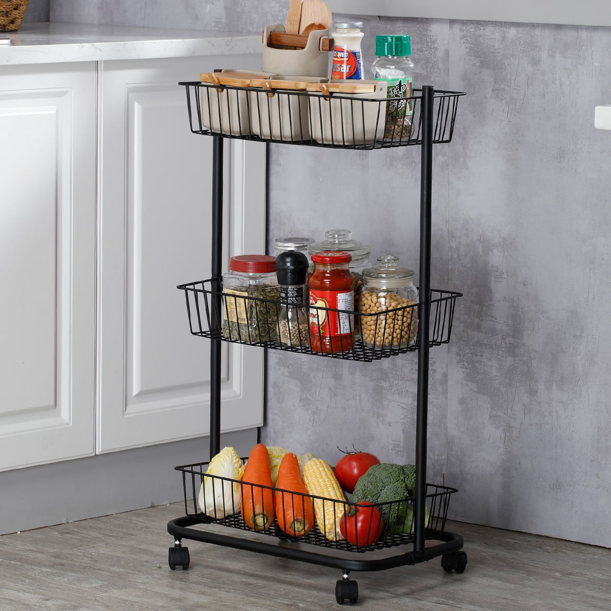 1 pc 3-Tier Storage Cart,Kitchen Trolley with Wire Mesh Baskets ...