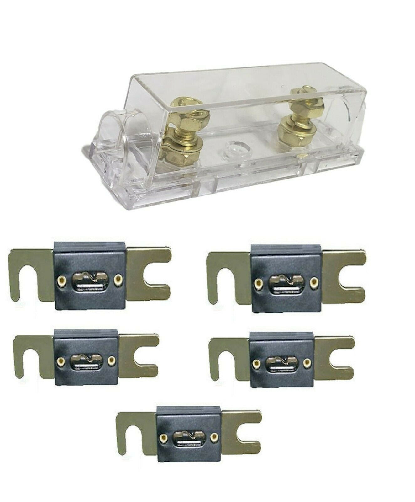 1 pc ANL Fuse Holder Gold 1/0 2 4 GA AWG Gauge Inline with 5 pcs 500A ...