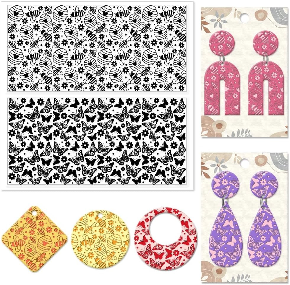 1 pc Bee Polymer Clay Texture Sheets Butterfly Flowers Silicone Texture Stamp Clay Modeling ...