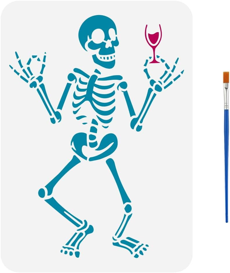 1 pc Funny Skeletons Stencil with a Paint Brush 11.7x8.3Inch Skull ...