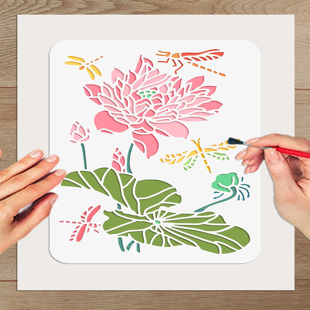 1 pc Lotus Flower Theme PET Hollow Out Drawing Painting Stencils for ...