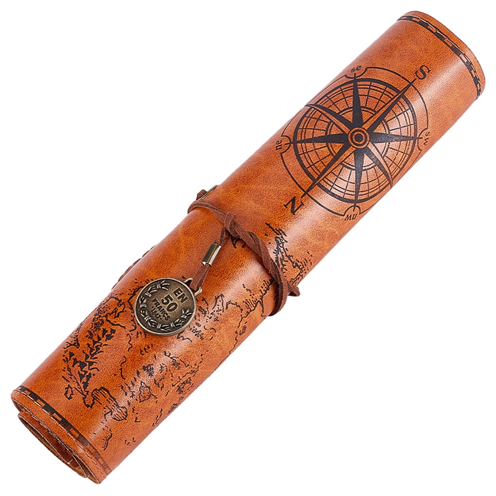 1 pc Map & Compass Pattern Leather Pen Bag Pencil Wrap Roll Pen Case ...