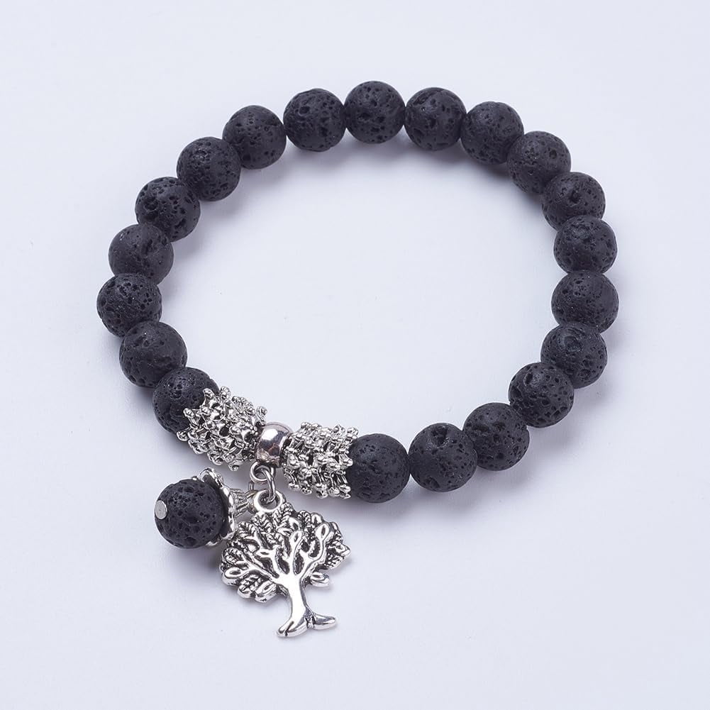 1 pc Natural Lava Rock Stretch Charm Bracelets with Alloy Tree Pendants ...