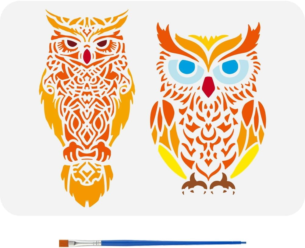 1 pc Owls Stencils with a Paint Brush 11.7x8.3Inch Two Owls Stencils Reusable Birds Pattern ...
