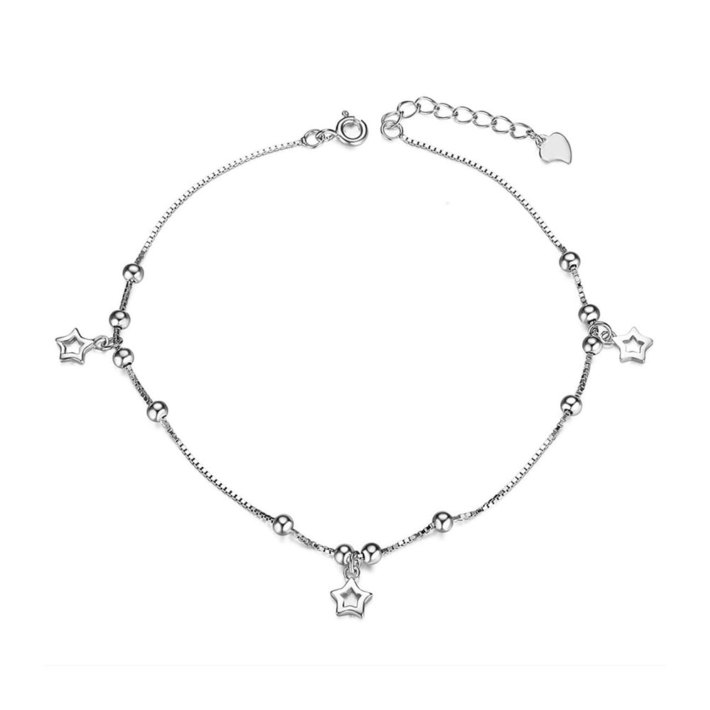 1 pc Rhodium Plated 925 Sterling Silver Anklet Stars and Small Beads ...