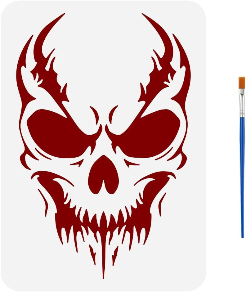 1 pc Skull Face Stencil for Painting 8.3x11.7inch with Paint Brush Scary Skull Stencil A Fierce ...
