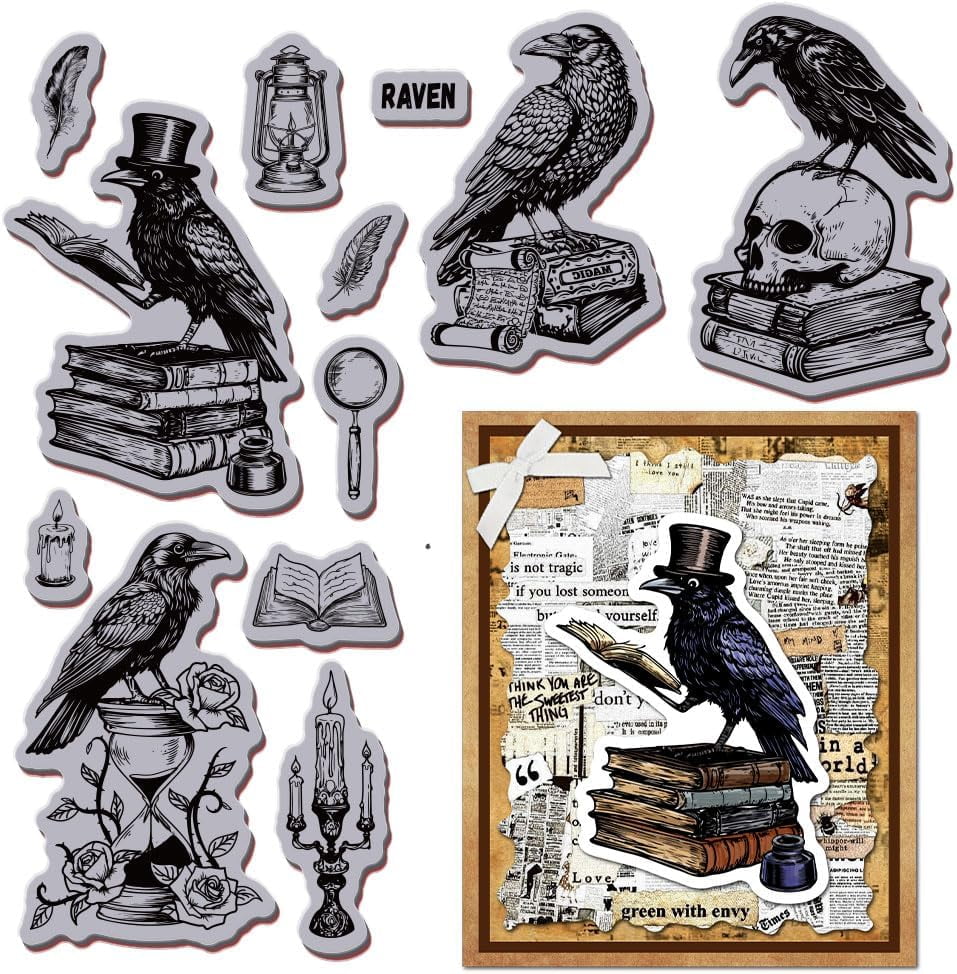 1 pc Vintage Crow Books Cling Rubber Stamp 7.09x8.66inch Retro Skull ...