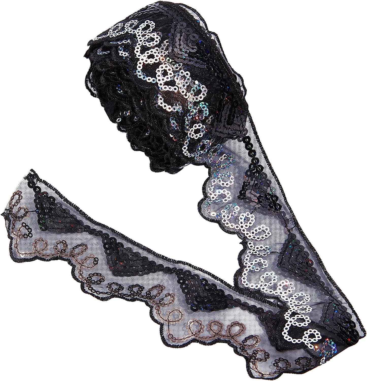 1 pc Waved Polyester Lace Trim with Paillette Black 2 inch(50mm) 10 ...