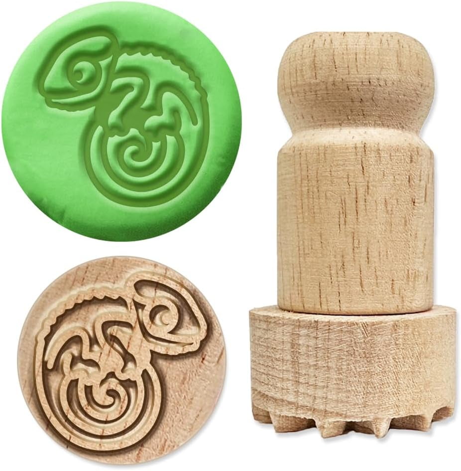 1 pc Wooden Stamps 1 inch Chameleon Round Stamp Wooden Clay Stamp Round ...