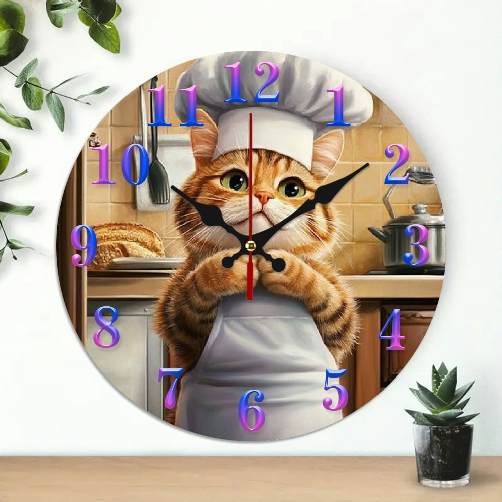 1 pc cat chef hat Theme Wood Wall Clock, 10 inch Wall Clock Great for ...