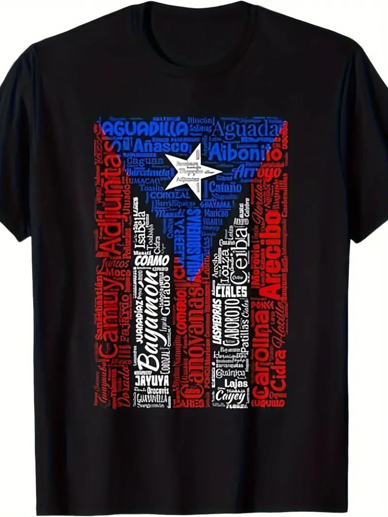 1 pcs, 100% Cotton, Puerto Rico Flag Pattern Letter Print T-Shirt ...
