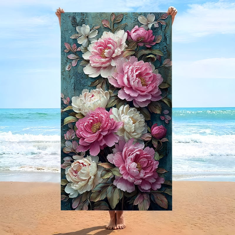 1 peony beach towel, oil painting style floral bath towel, soft fabric ...