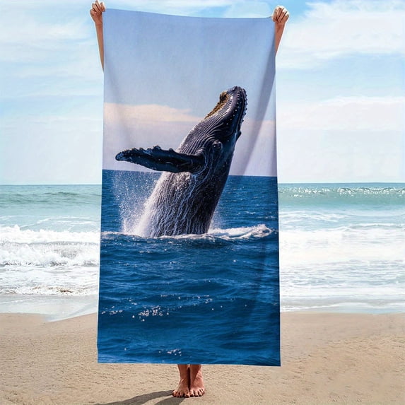 1 piece of 2D flat surface, beach bath towel with whale pattern ...