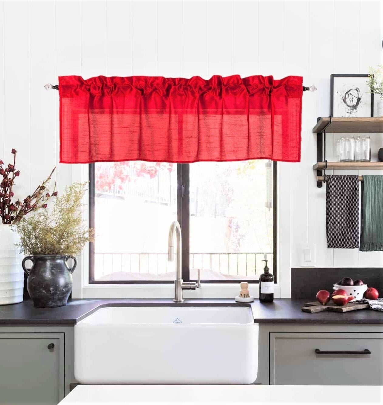 "S18 Luxury Faux Silk Window Curtain Valance, Red, 55""W X 18""L, Rod ...