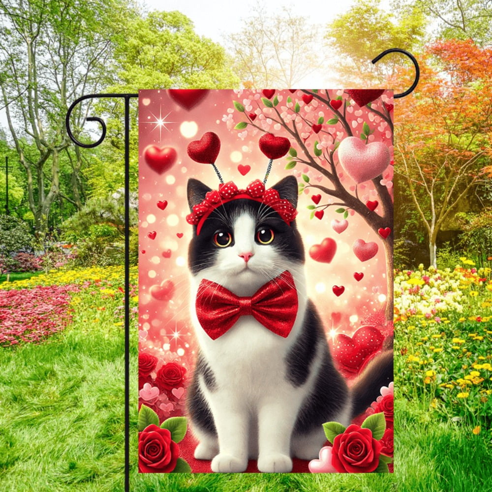 1 piece, Valentine's Day Double-sided Garden Flag - 2D flat cute cat ...