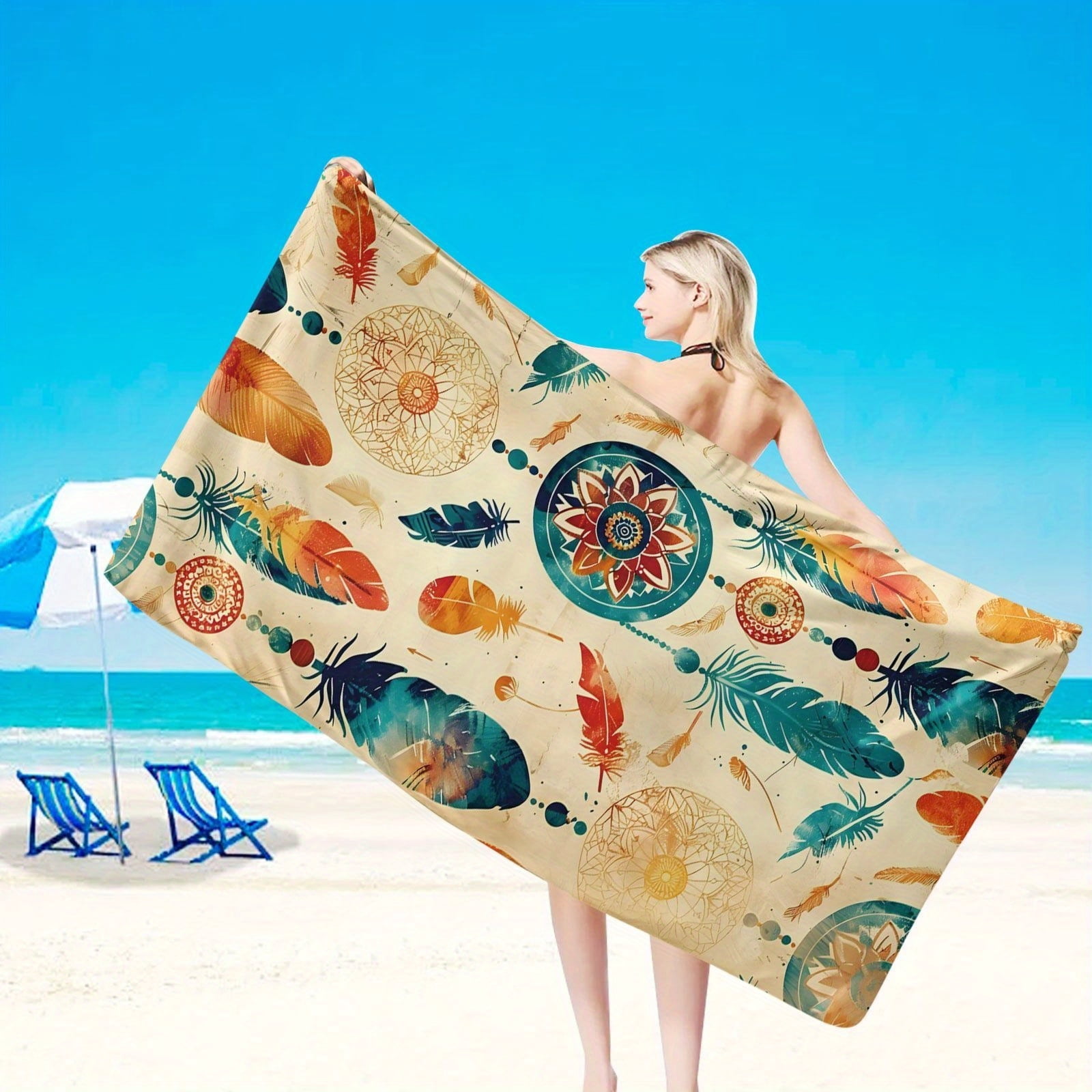 1 piece of bohemian feather and mandala print microfiber beach towel ...