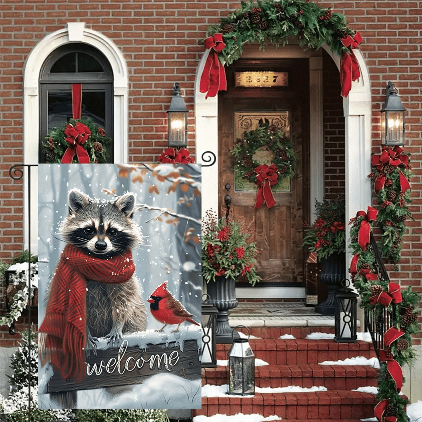 1 piece, double-sided Christmas Garden Flag - 2D flat Raccoon and Red ...