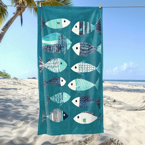 1 piece fish pattern cyan design high definition beach towel - soft ...