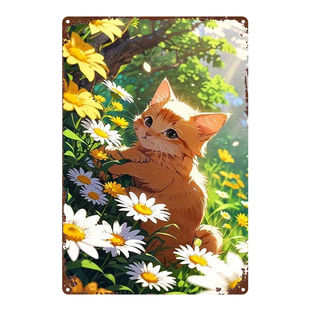 1 piece of ginger kitten and white daisy metal wall decoration - Cute ...