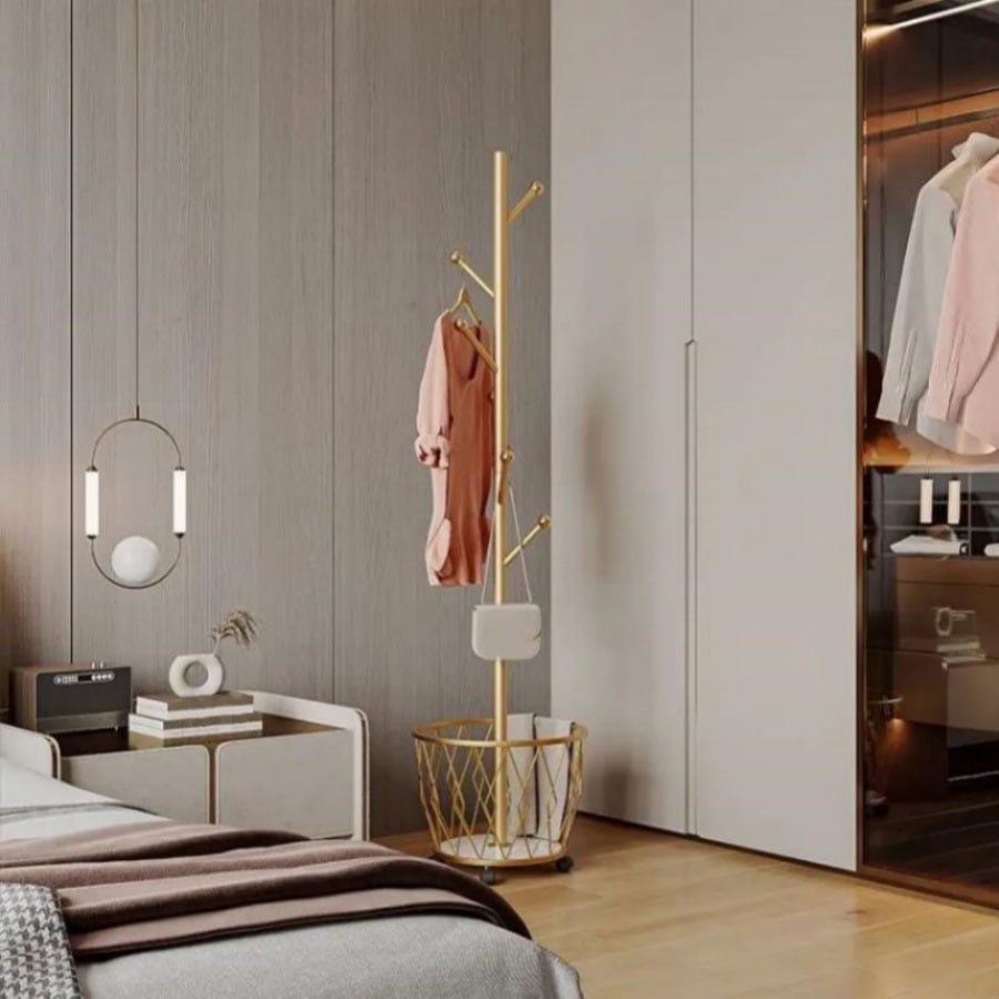 1 piece of gold light luxury single pole coat rack with basket, bedroom ...