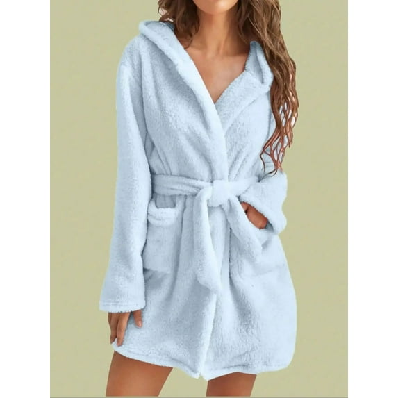 1 piece of women's solid color hooded robe with belt, cozy and warm ...