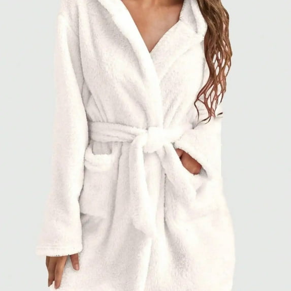 1 piece of women's solid color hooded robe with belt, cozy and warm ...