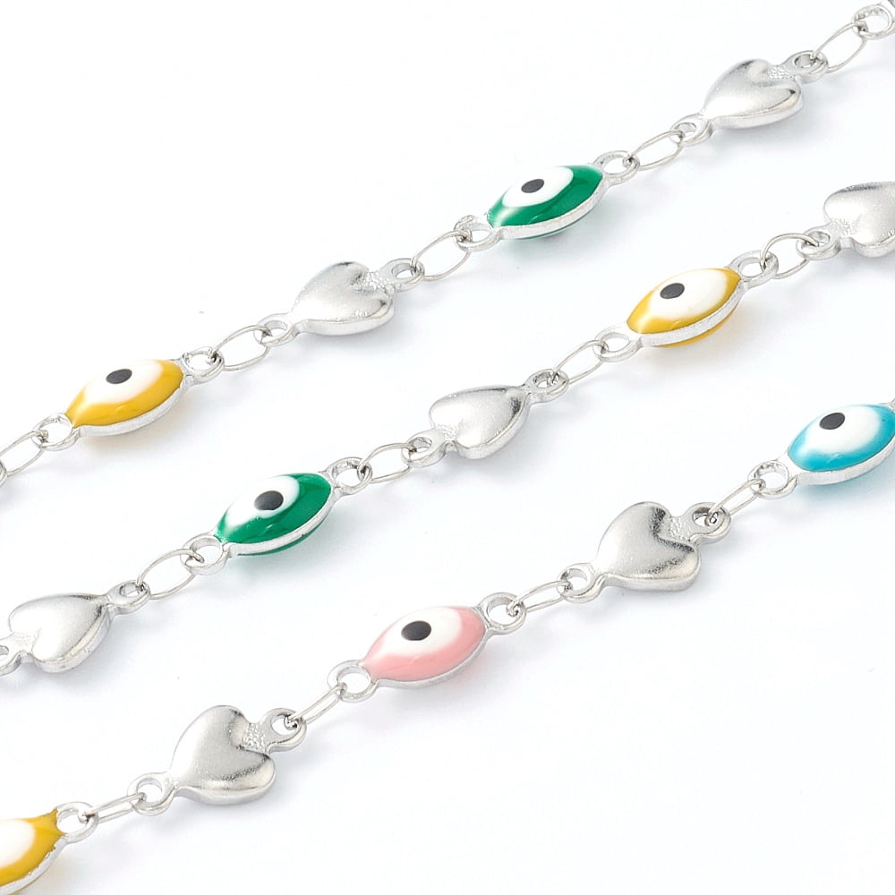 1 roll 304 Stainless Steel Enamel Link Chains Evil Eye Heart Link ...