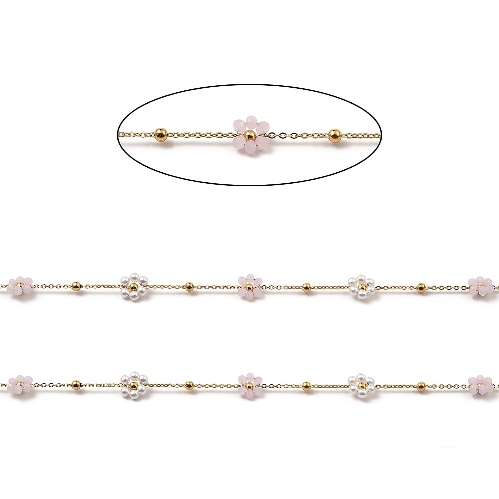 1 roll Glass & ABS Plastic Pearl Beaded Flower Link Chains with Golden ...