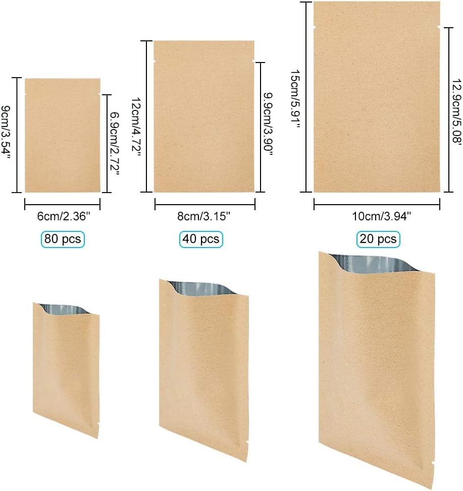 1 set 140 pack Open Top Kraft Mylar Bags 3 Size Double Sided Vacuum ...