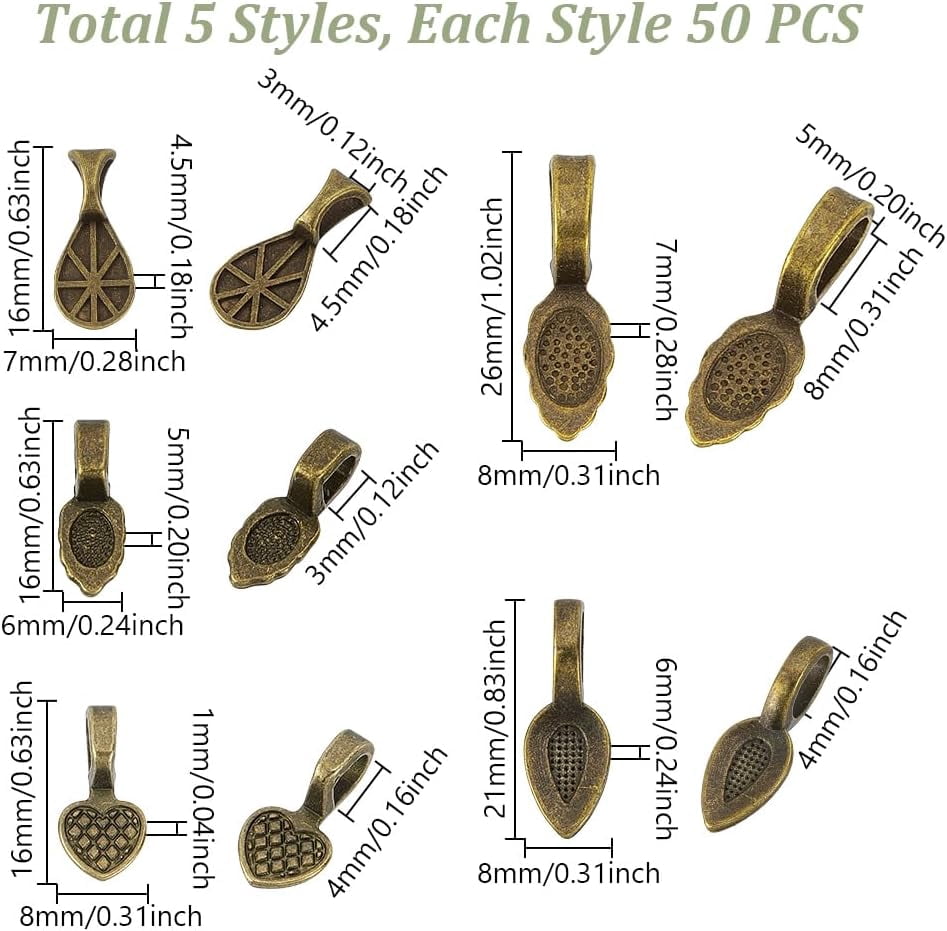1 set 250Pcs 5 Styles Glue-on Bails Pendants Tibetan Style Flat Pad ...