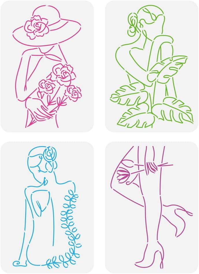 1 set 4 pcs Line Art Woman Painting Stencil 8.3x11.7inch Reusable ...