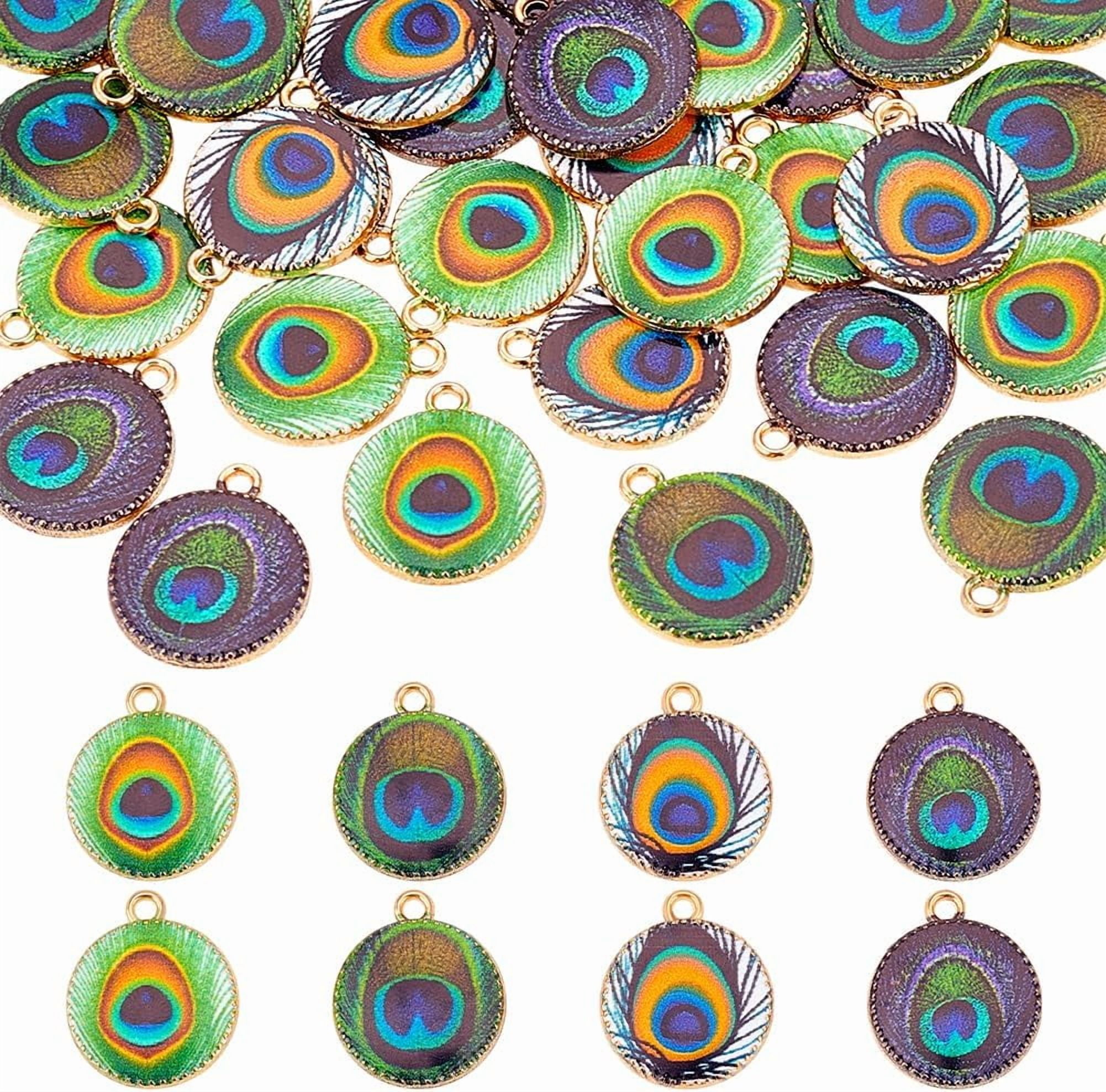 1 set 40pcs 4 colors Printed Alloy Enamel Pendants Flat Round with Peacock Feather Charm Mixed ...