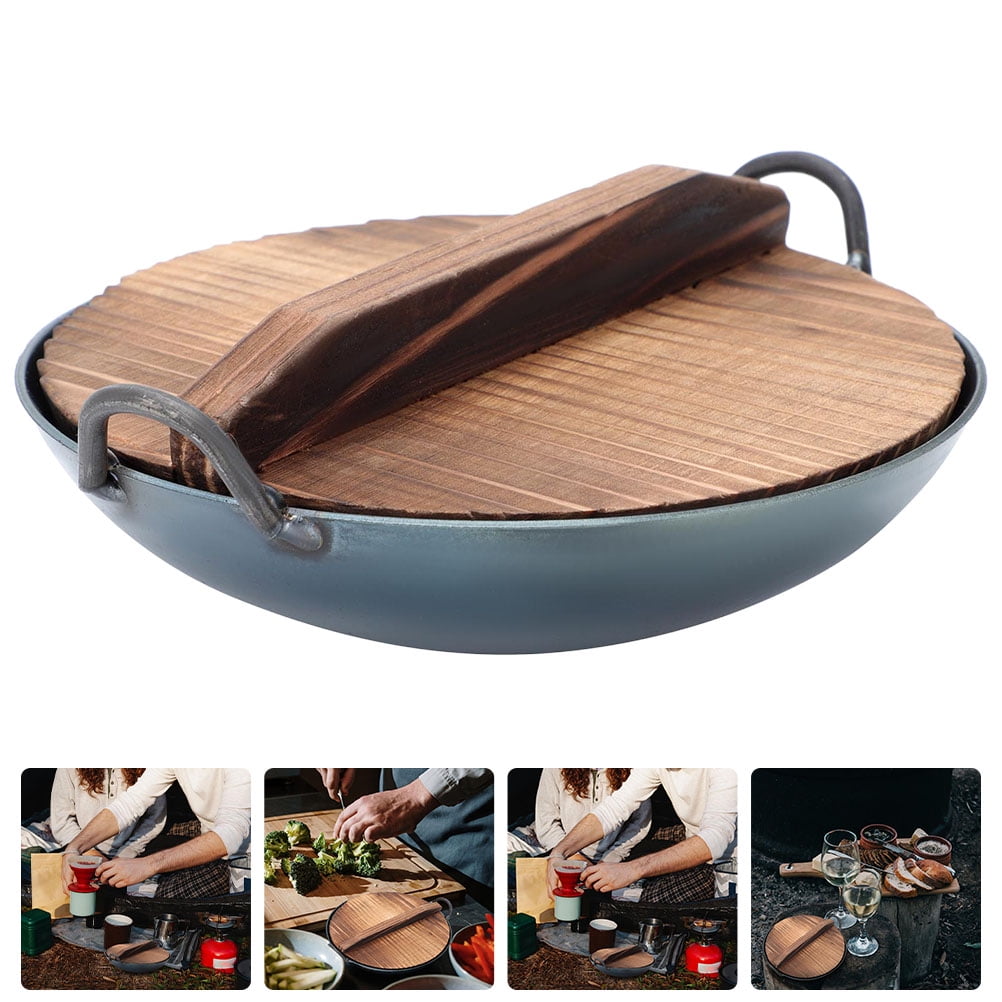 Mini Iron Wok Pan with Wooden Lid, 3.74-Inch Non-Stick Compact Cookware ...