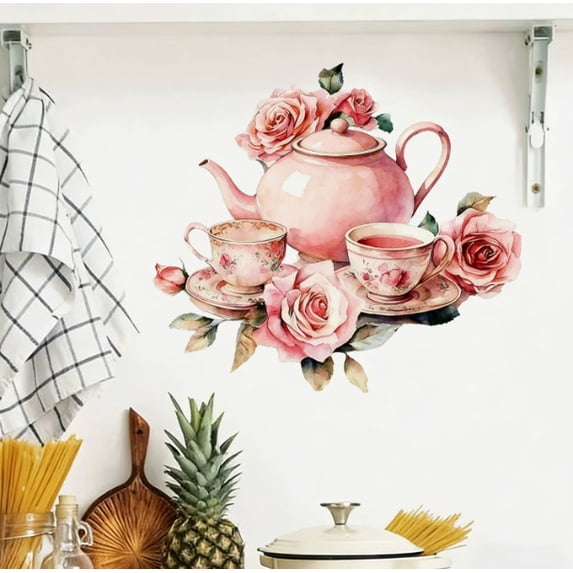 1 set of creative watercolor rose tea set wall stickers self-adhesive ...