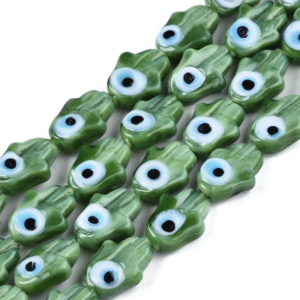 1 strand Handmade Evil Eye Lampwork Beads Strands Hamsa Hand Green ...