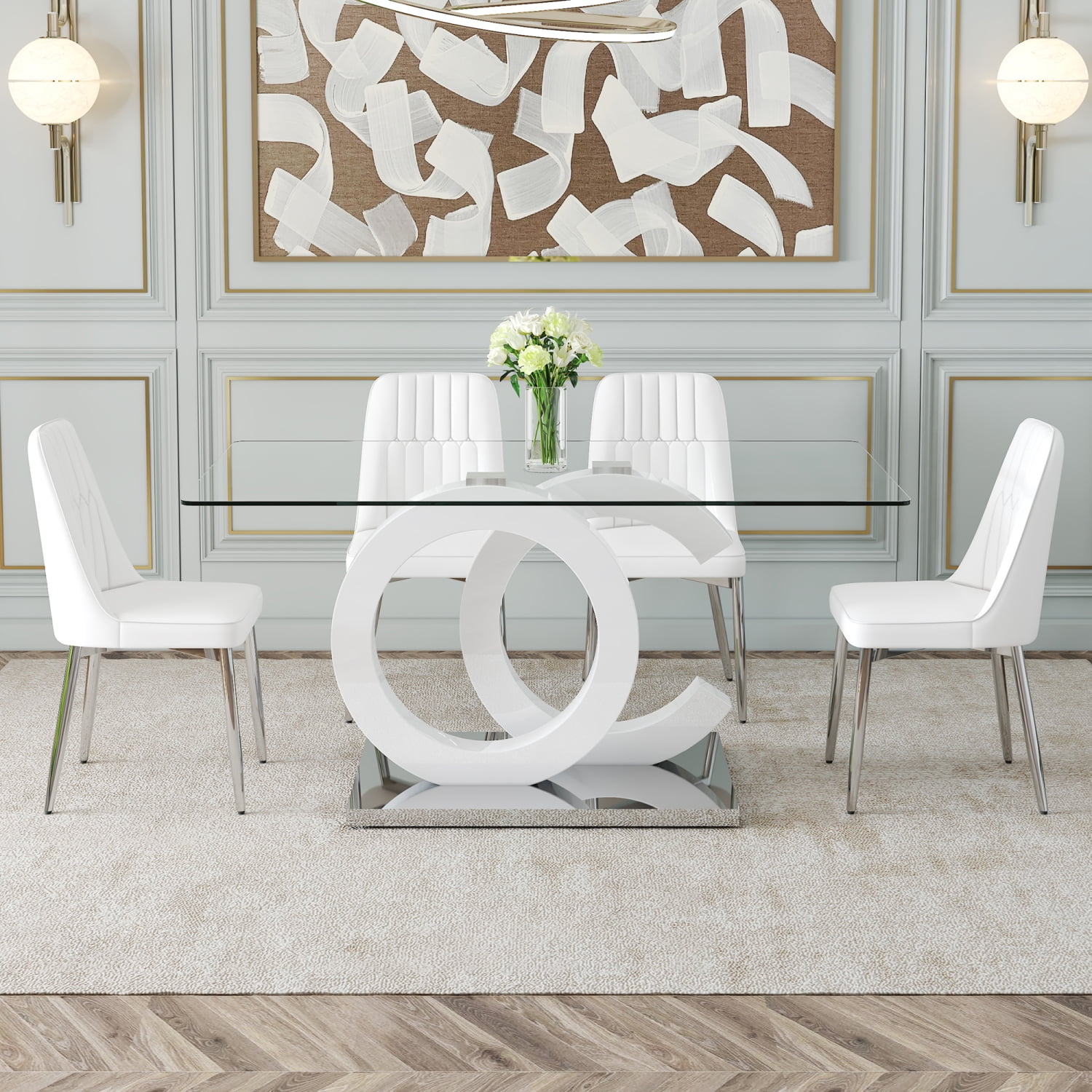 1 table and 4 chairs set.63”x35.4x30” Rectangular Transprant Tempered glass Dining Tabletop with ...