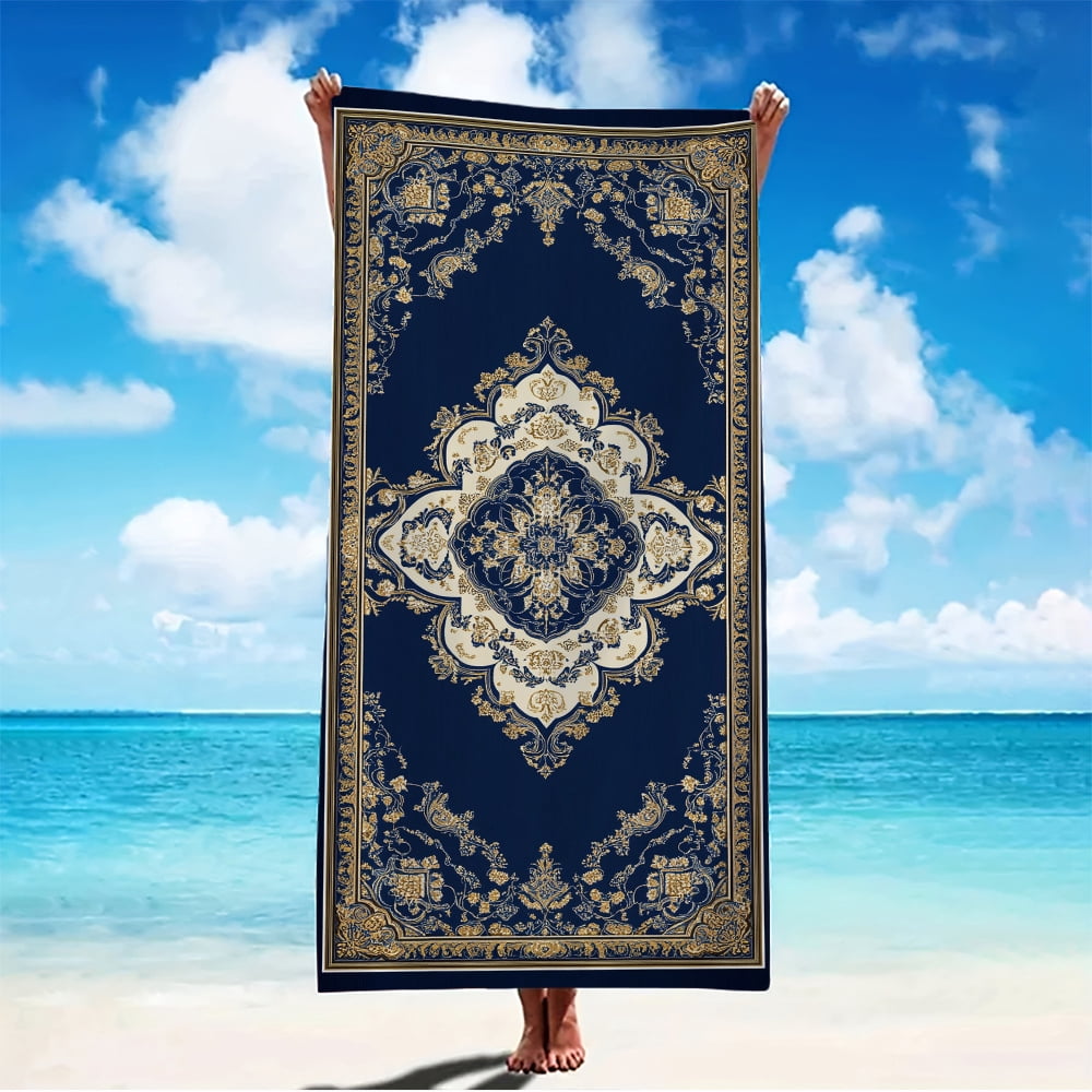 1 vintage navy blue beach towel with gold floral design - soft ...