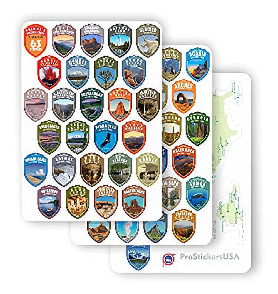 1 x 1.5 inch .. Collection 63 Stickers Set .. All National Parks USA ...