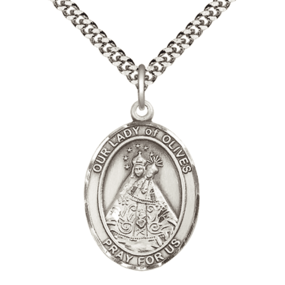 1 x 3/4" Oval Pewter Our Lady of Olives Medal Pendant on 24 inch ...