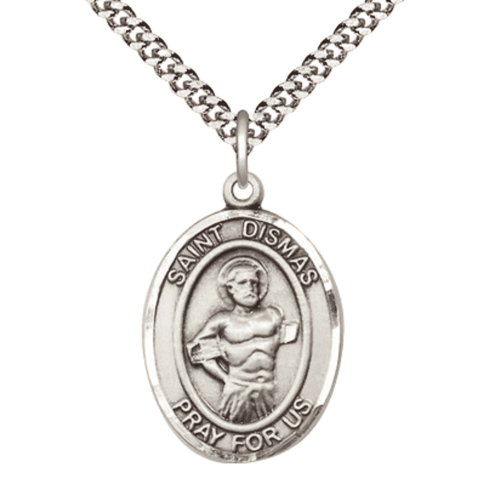 1 x 3/4" Oval Pewter Saint Dismas Medal Pendant on 24 inch Rhodium ...