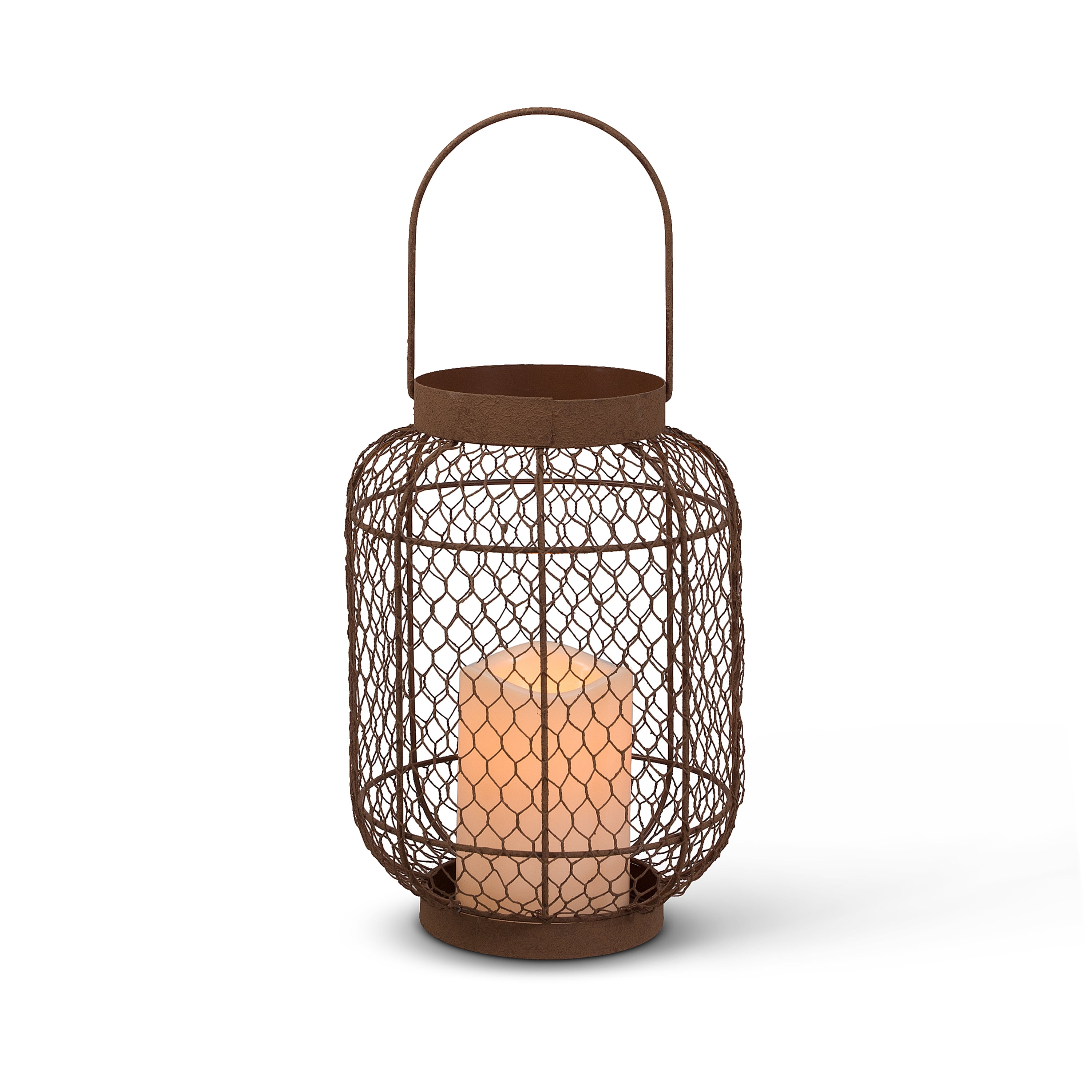 10.05-Inch Tall Rustic Brown Metal Lantern with Chicken Wire Body, LED ...