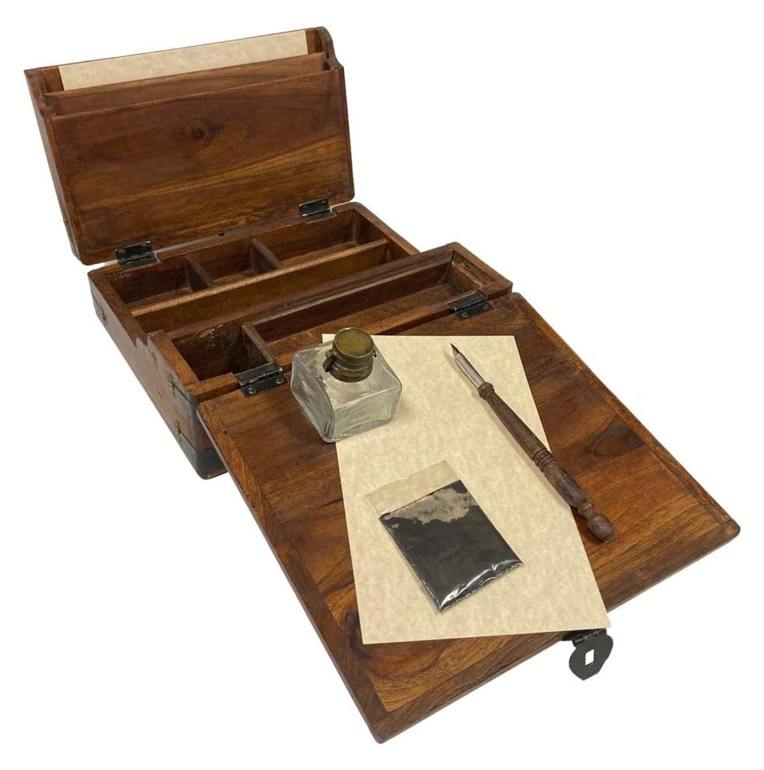 10-1/2" Colonial Style Distressed, Teak Wood Writing Box Reproduction ...