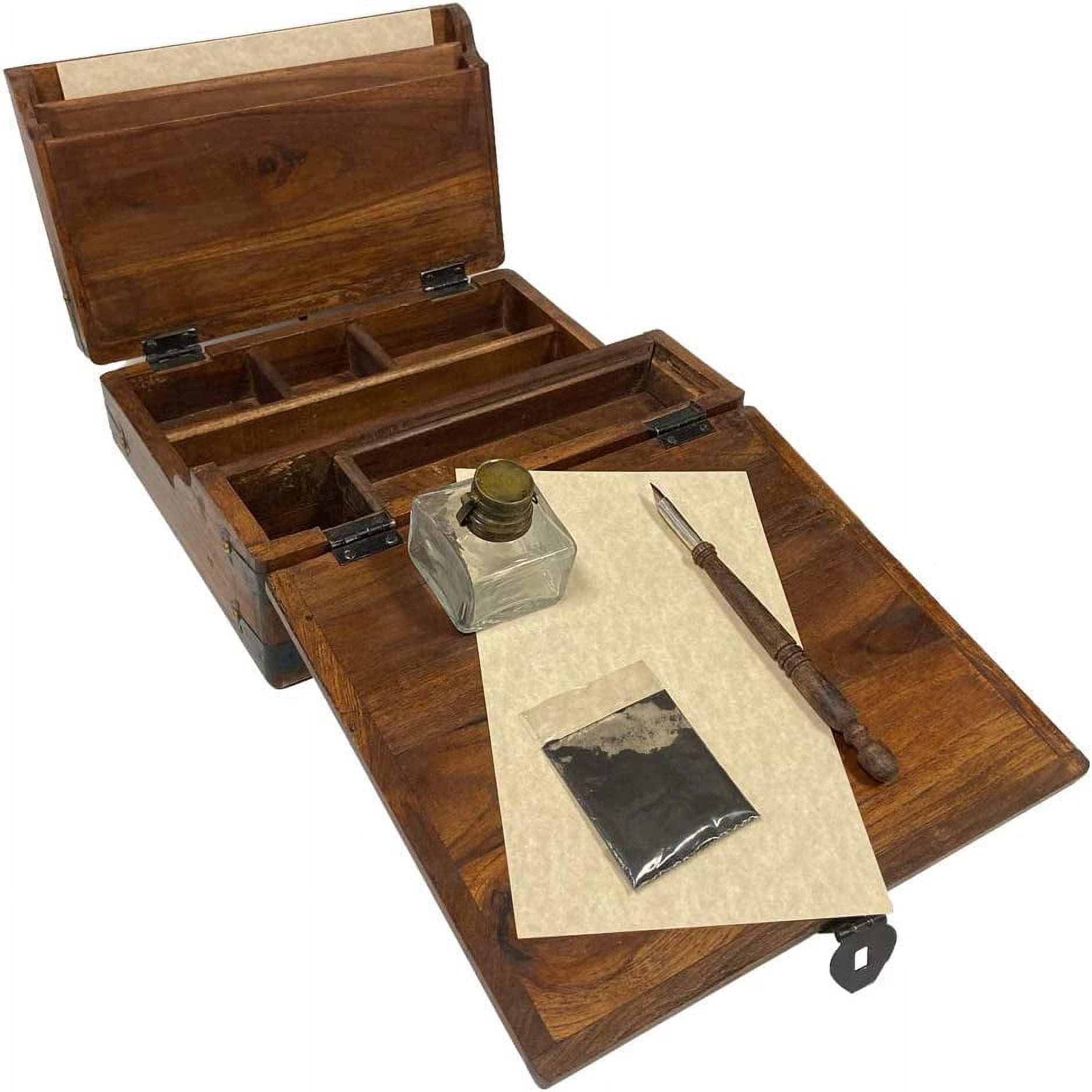 10-1/2" Colonial Style Distressed, Teak Wood Writing Box Reproduction ...