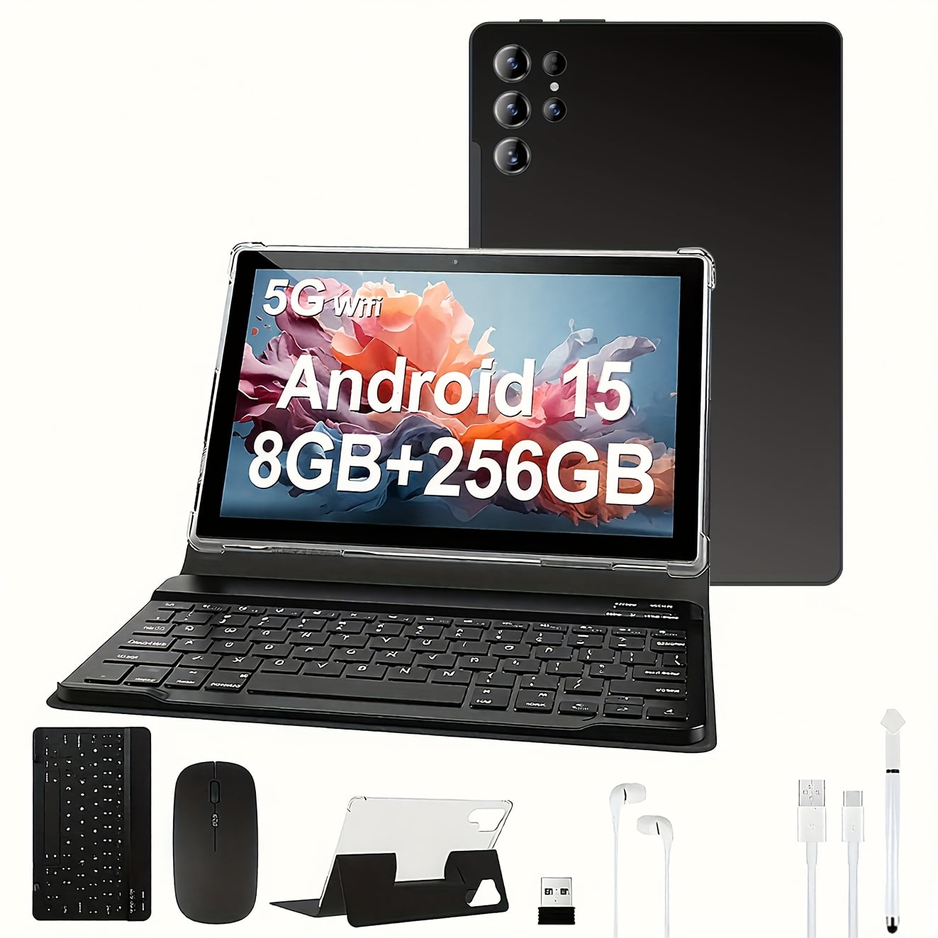 10.1 Inch Android 15 Tablet with Keyboard, 8GB RAM+256GB ROM, WiFi, IPS ...